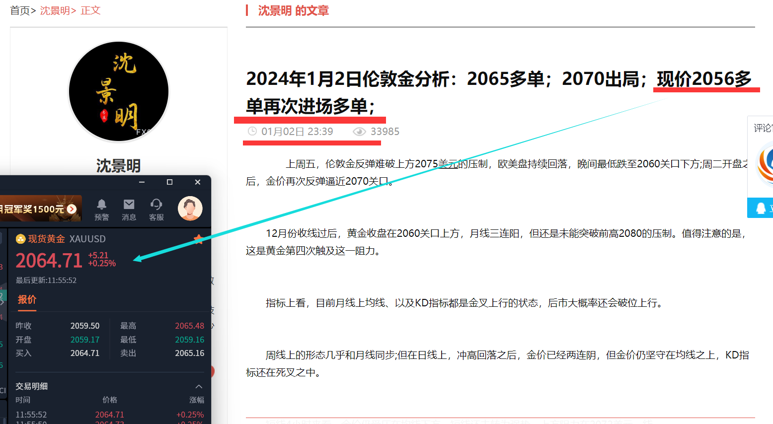 2024年1月3日伦敦金分析：日线坚守均线，现价黄金2052多单进场；-黄金-汇通网